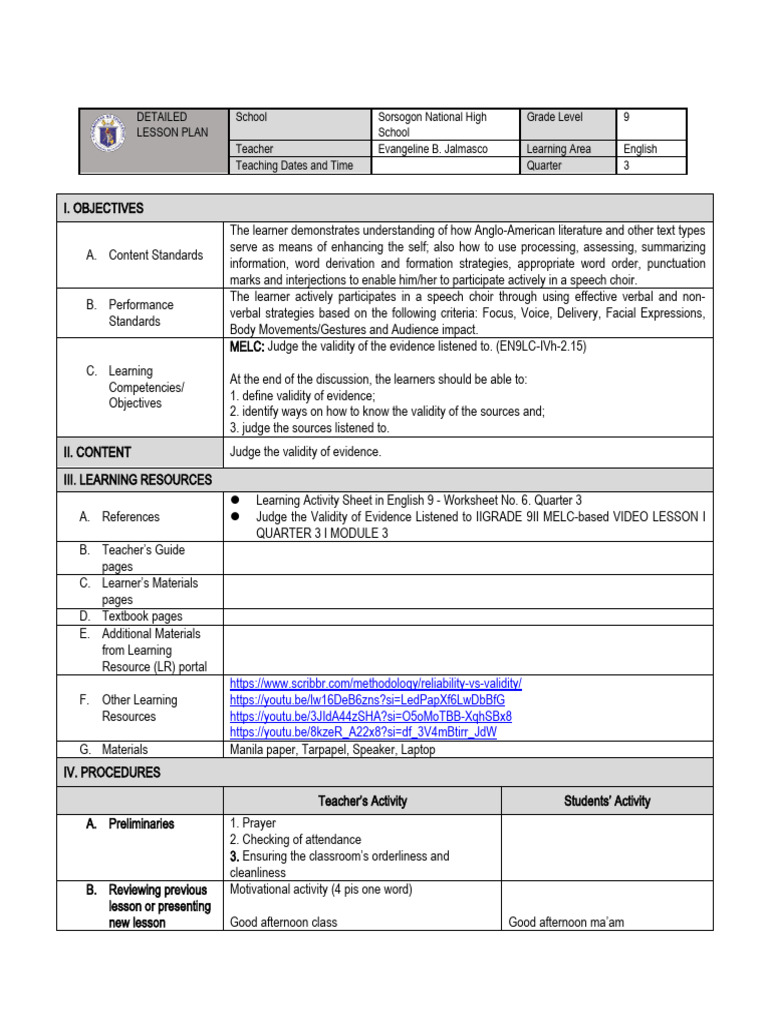 Evaluating Validity in Lesson Plans | PDF | Career & Growth
