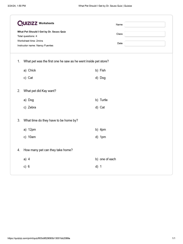 What Pet Should I Get by Dr. Seuss Quiz - Quizizz | PDF