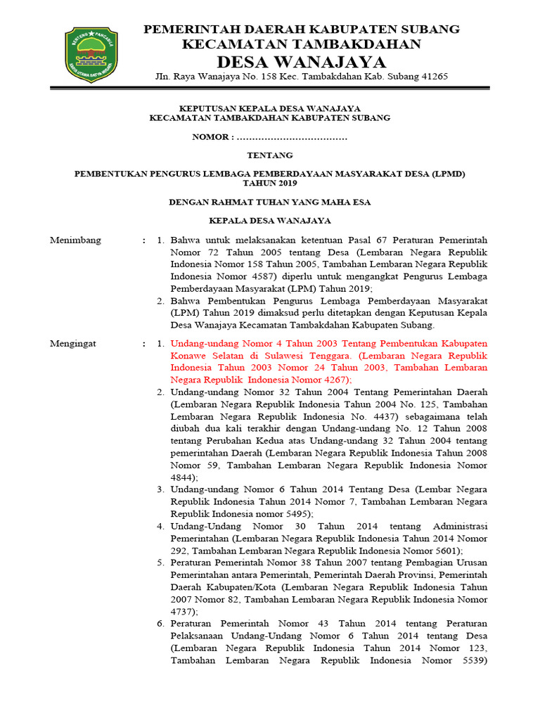 SK Pembentukan Pengurus LPM Desa 2019 | PDF | Griya & Taman