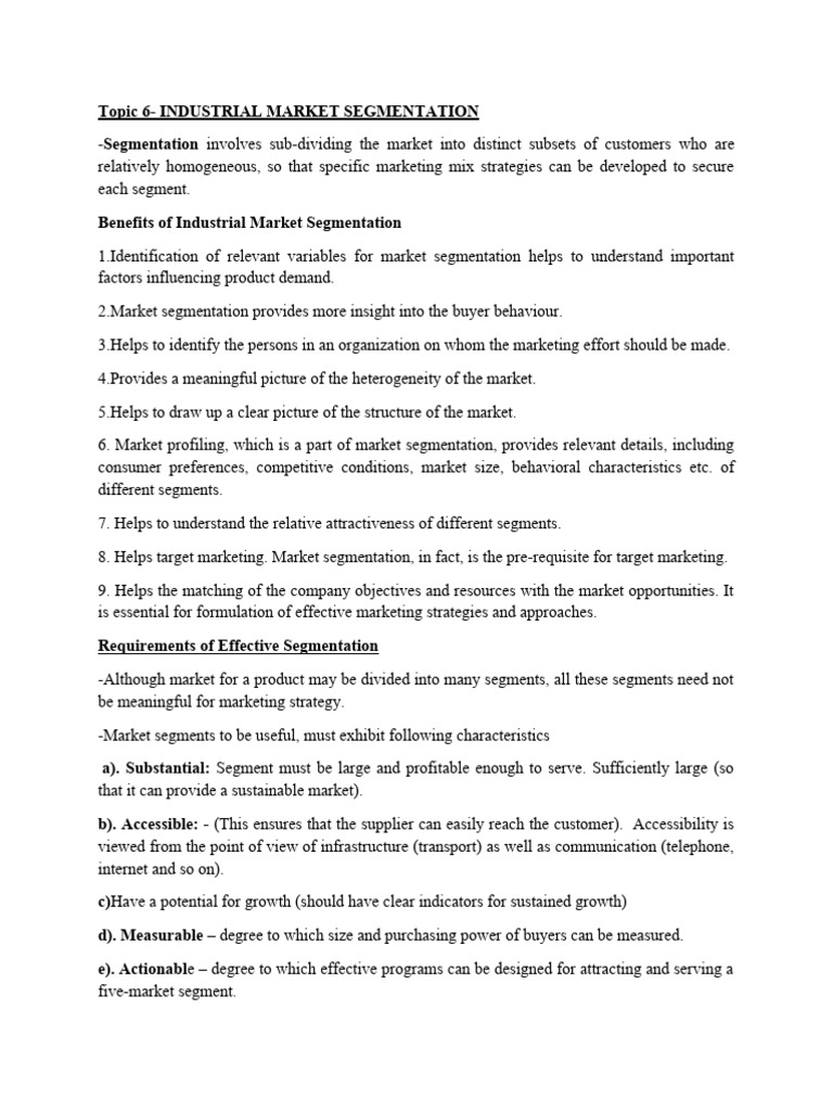 Topic 6 Industrial Market Segmentation Pdf Market Segmentation Marketing