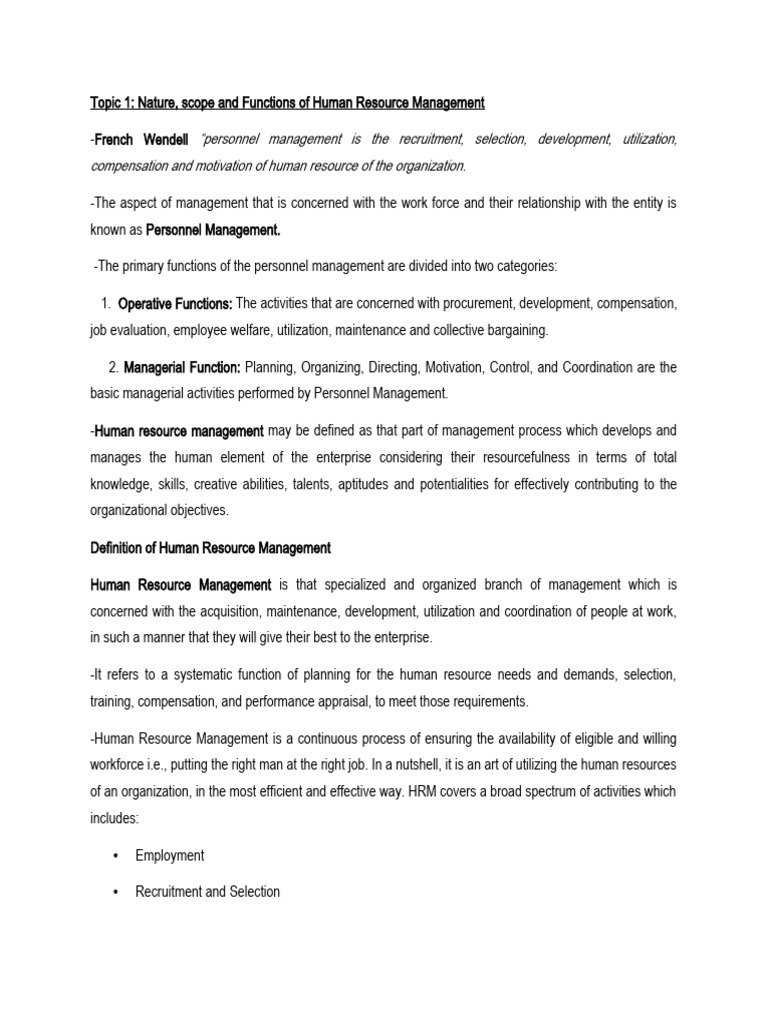 Topic 1-Nature, Scope and Functions of HRM | PDF | Human Resource ...