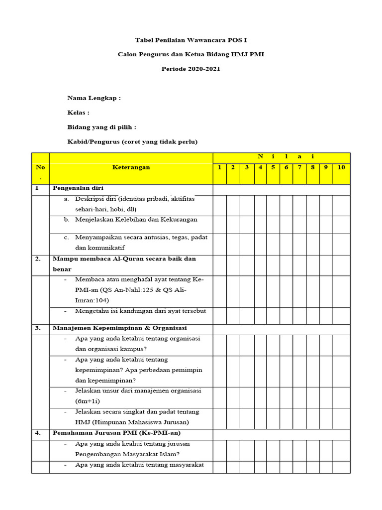 Tabel Penilaian Wawancara Pos 1 | PDF