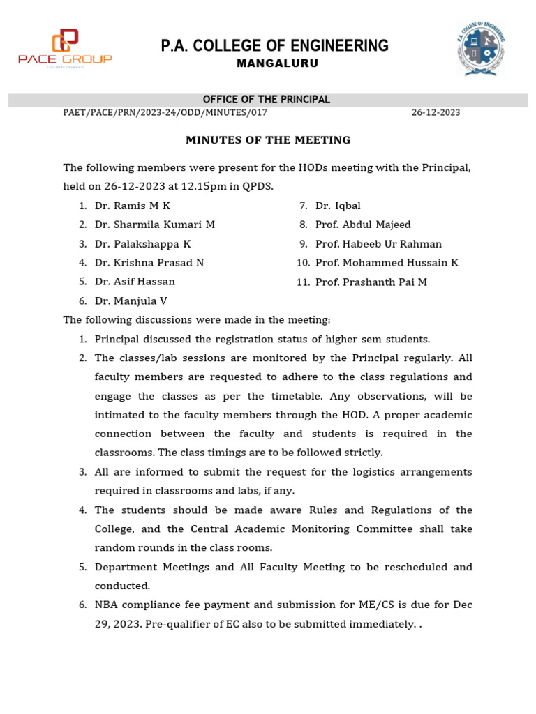P.A. College of Engineering: Minutes of The Meeting | PDF