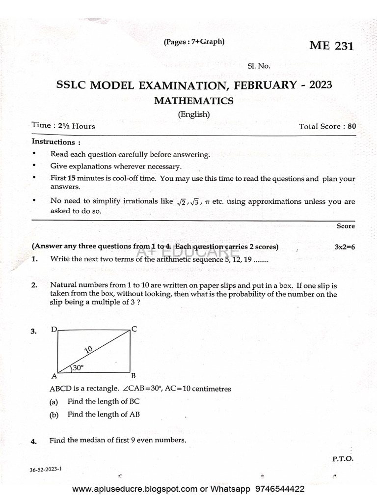 A+ Blog-Sslc Model Exam Mathematics Eem QN Paper | PDF