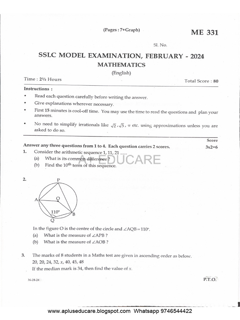 A+ Blog-Sslc Model Exam 2024 - Mathematics-Question Paper-Em | PDF