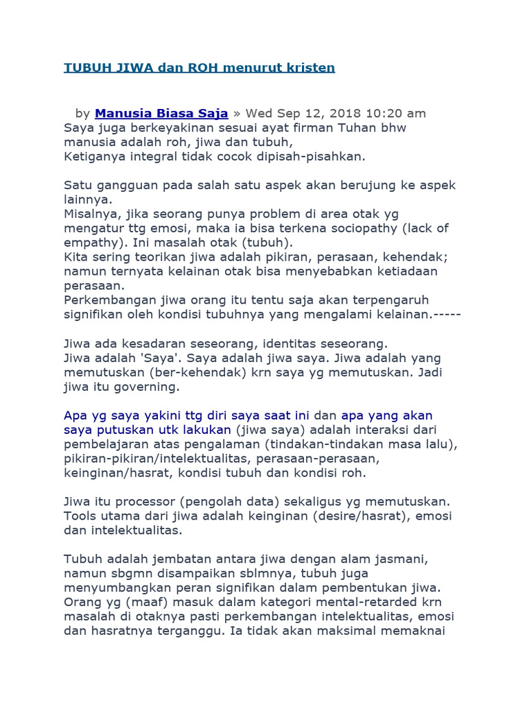 TUBUH JIWA Dan ROH Menurut Kristen | PDF | Agama & Spiritualitas