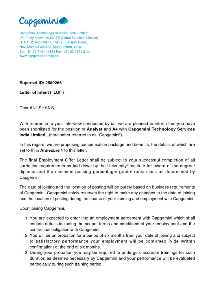 Superset ID: 2580266 Letter of Intent (''LOI'') | PDF | Employment ...