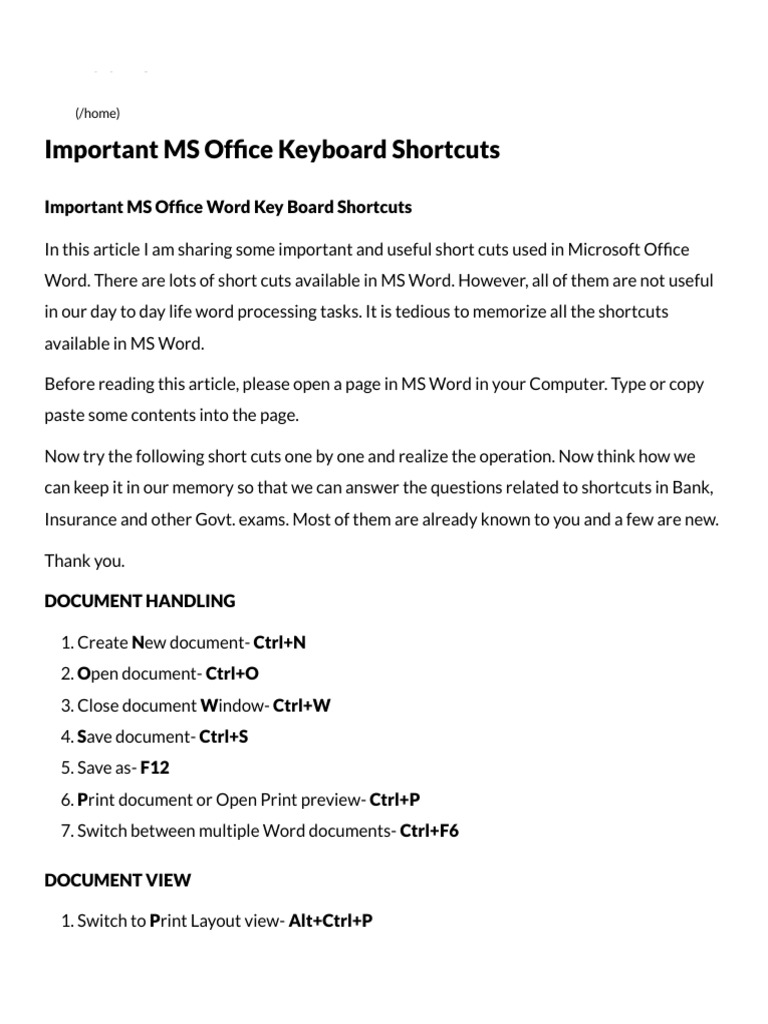 Important MS Office Keyboard Shortcuts - General Awareness and ...