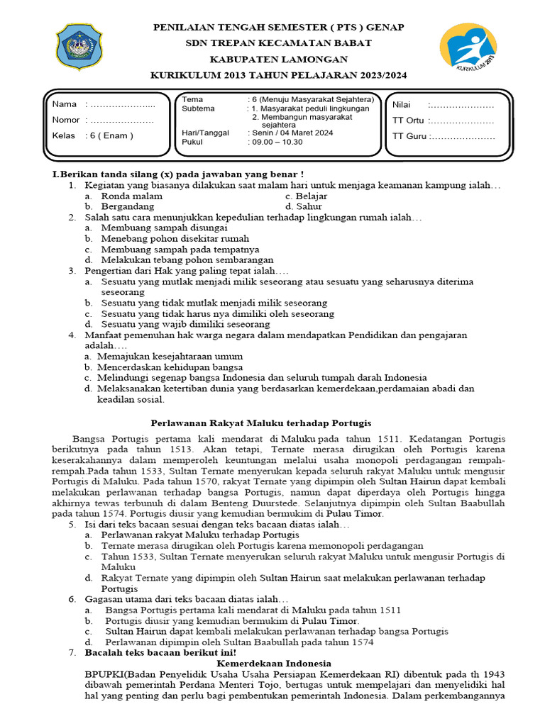 Soal PTS Kelas 6 Tema 6 Sub 1 Dan 2 | PDF