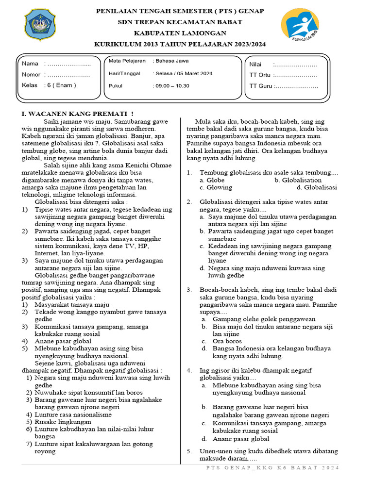 PTS - K6 BJawa Genap 2024 | PDF | Ilmu Sosial | Perjalanan