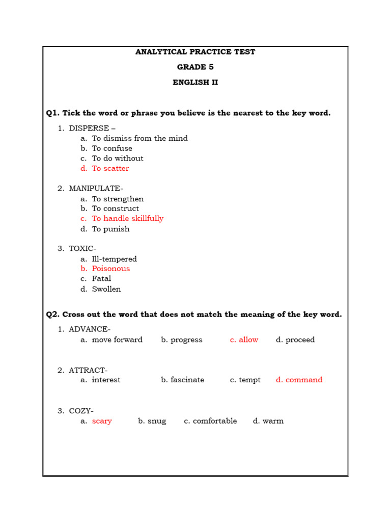 GRADE 5 - ENGLISH 2 ANALYTICAL PRACTICE TEST- ANSWER KEY | PDF
