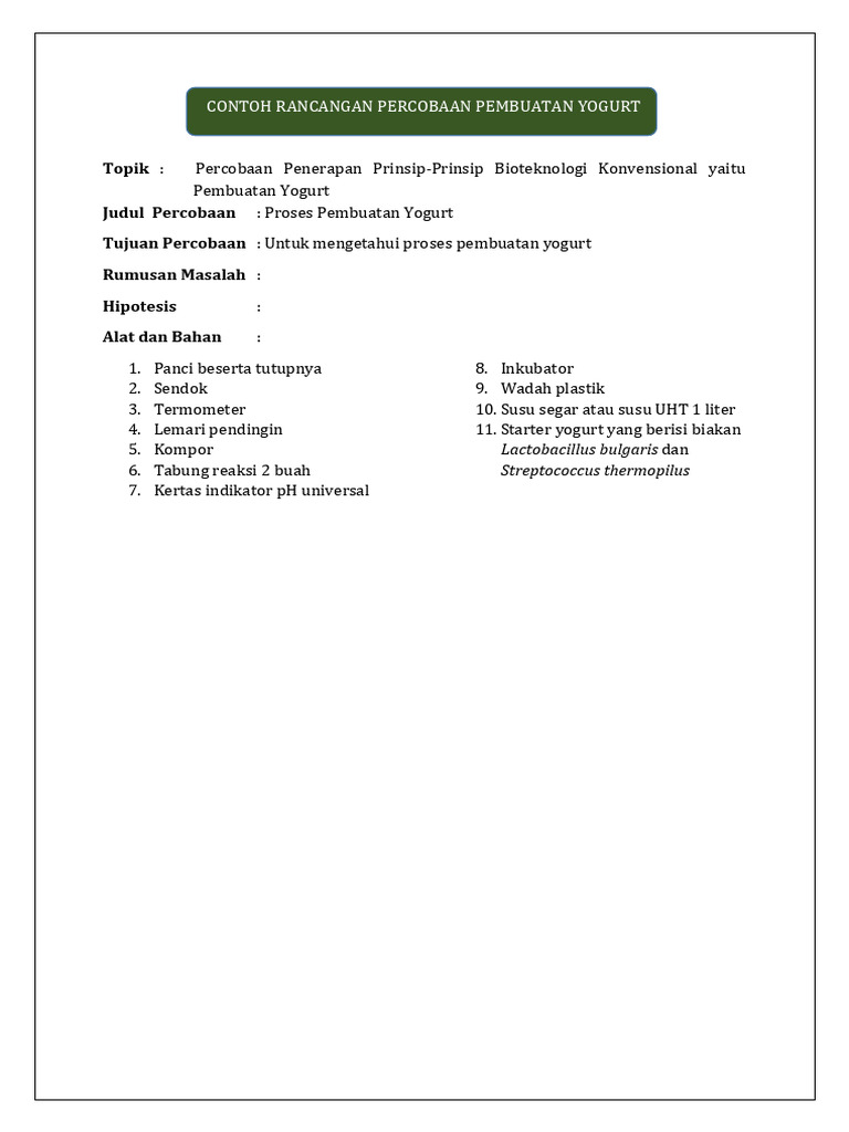 Contoh Rancangan Percobaan Pembuatan Yogurt | PDF | Memasak, Makanan ...
