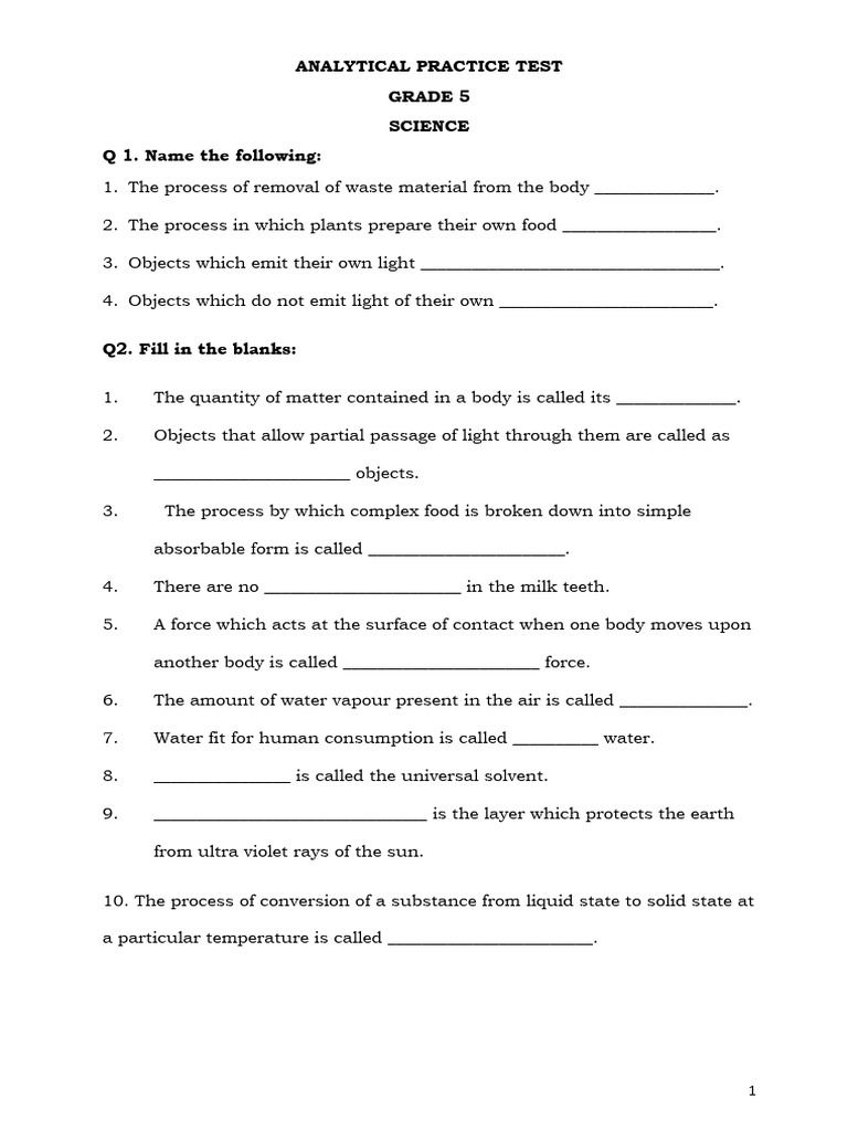 Grade 5 Science Analytical Practice Test | PDF | Atmosphere Of Earth ...