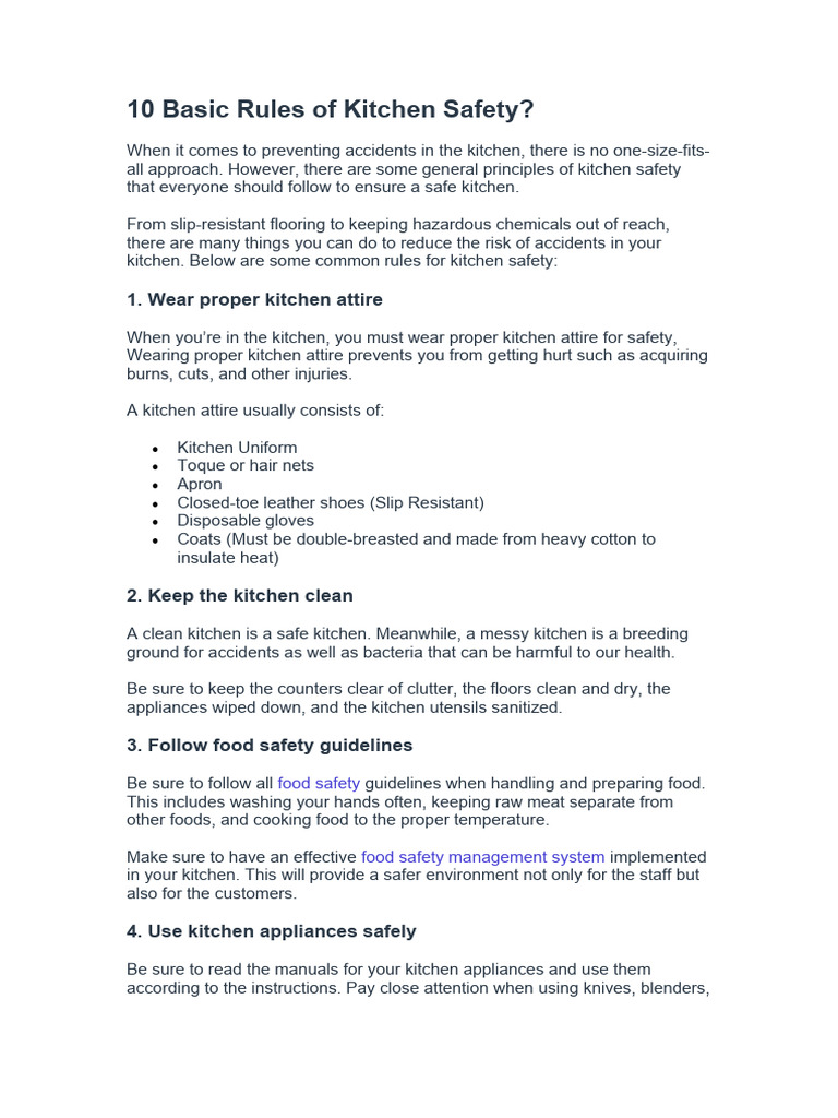 10 Basic Rules of Kitchen Safety & Sop | PDF | Kitchen | Hygiene