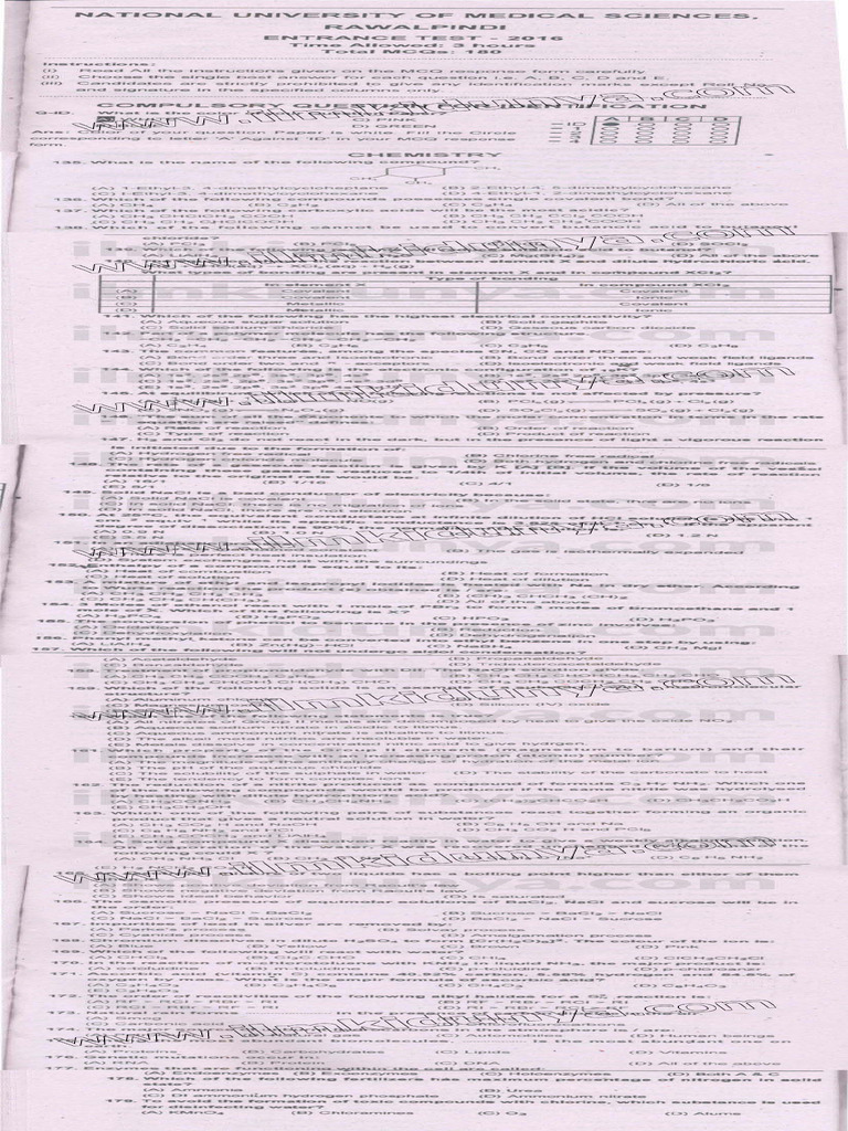 NUMS Rawalpindi MDCAT Entrance Test 2016 Chemistry | PDF