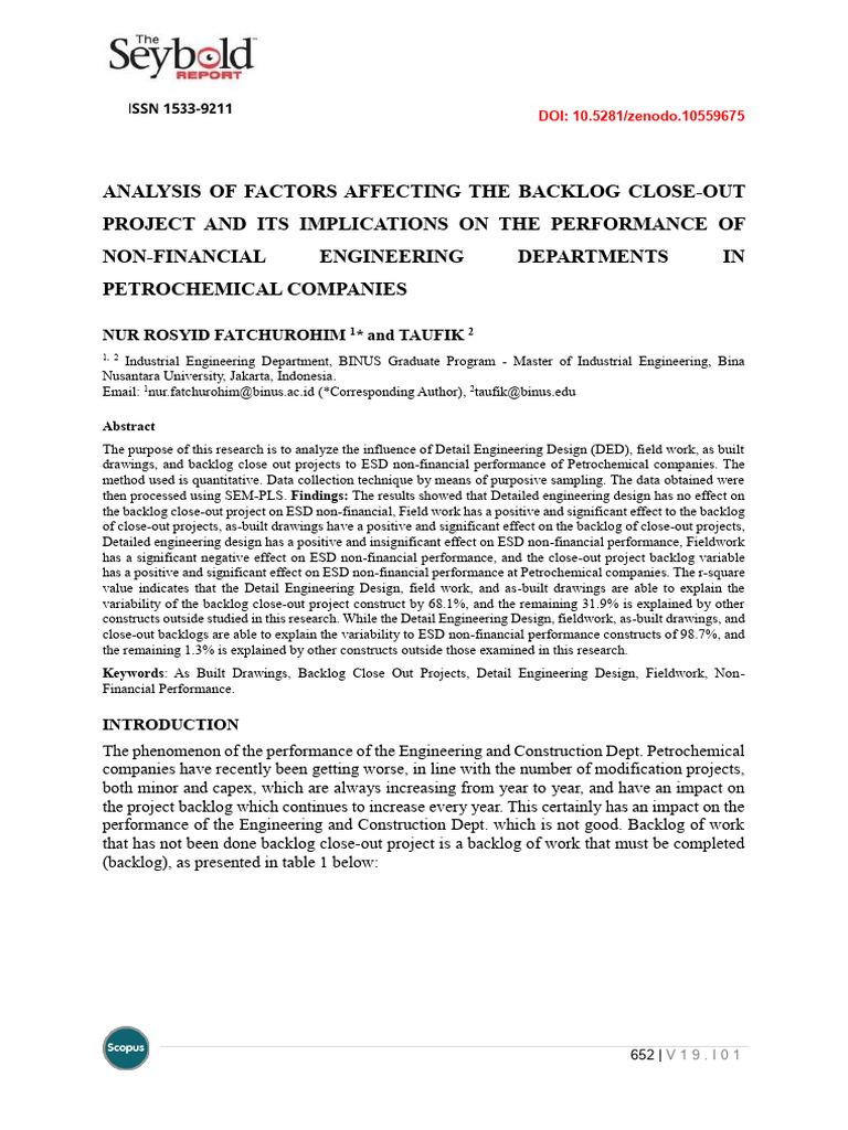 Analysis of Factors Affecting The Backlog Close-Out Project and Its ...