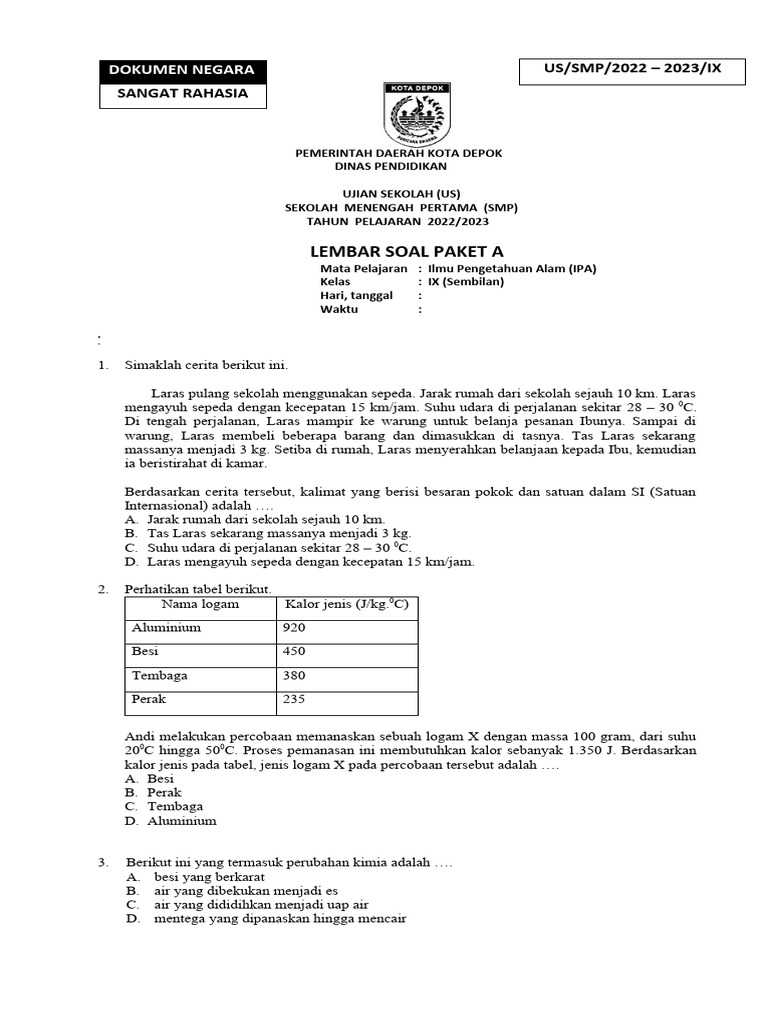 Paket A Soal Us Ipa TH 2022 2023-Revisi | PDF