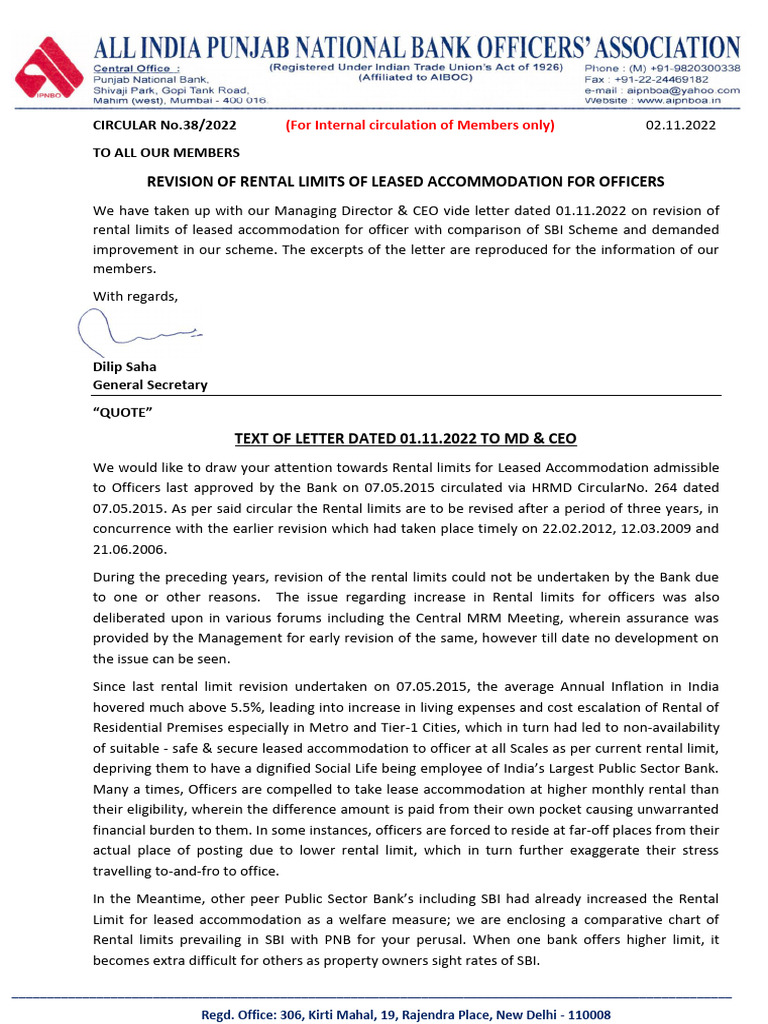 38 of 2022 - REVISION IN LEASE RENTAL TO OFFICERS - LETTER TO MD & CEO ...