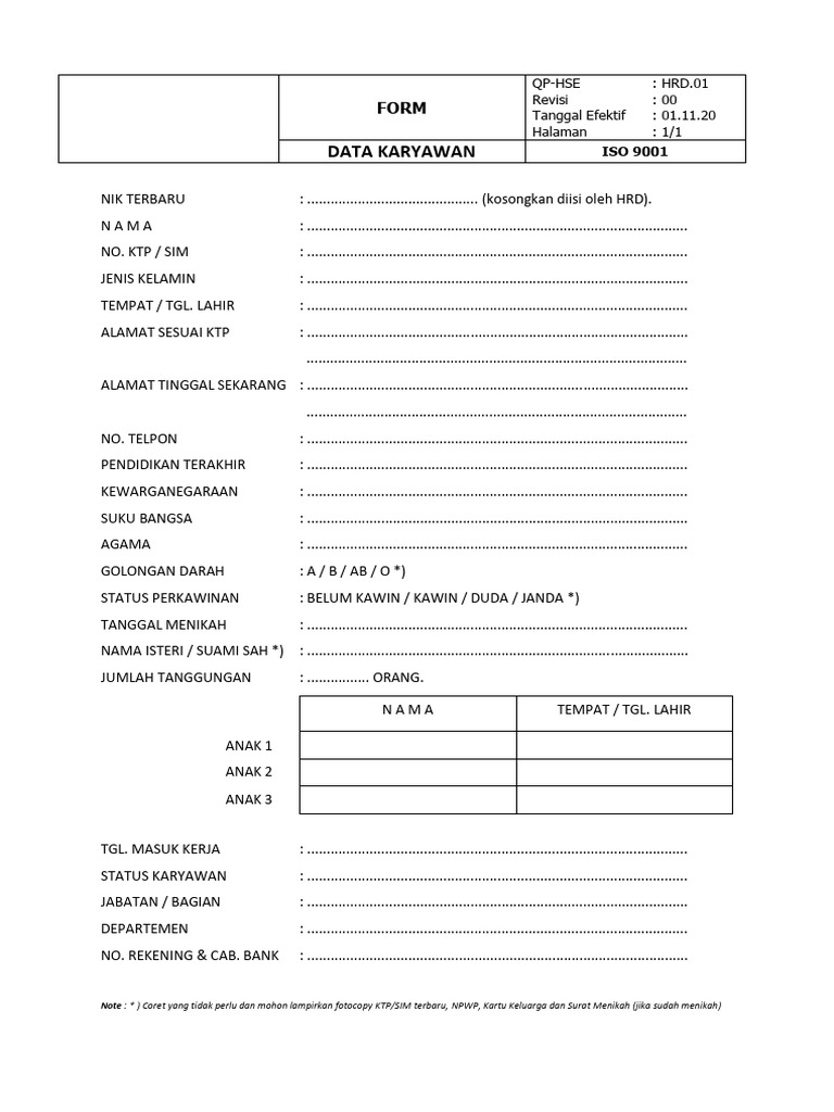 015-PT-Form Isian Karyawan | PDF | Pengelolaan Keuangan & Uang
