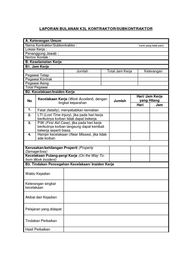 Template Laporan K3L Kontraktor & Subkontraktor - Hakana BL | PDF
