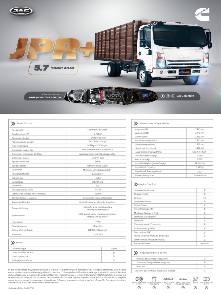 Ficha Tecnica JAC JPR | PDF | Sistema de freno antibloqueo | Estilos de carrocería