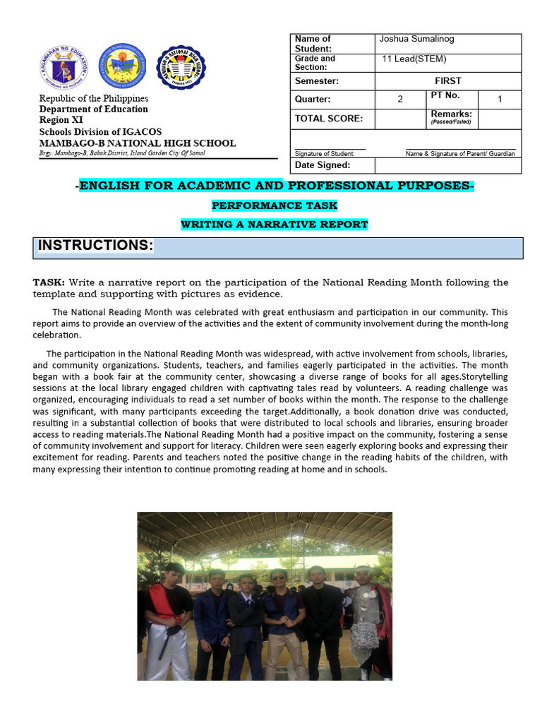 PERFORMANCE-TASK_EAPP-Q1M5-NARRATIVE-REPORT | PDF | Literacy | Learning