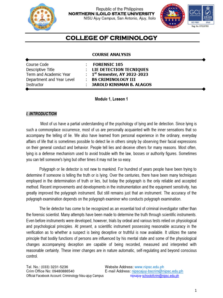Module I In Lie Detection Techniques Pdf Polygraph Hypnosis