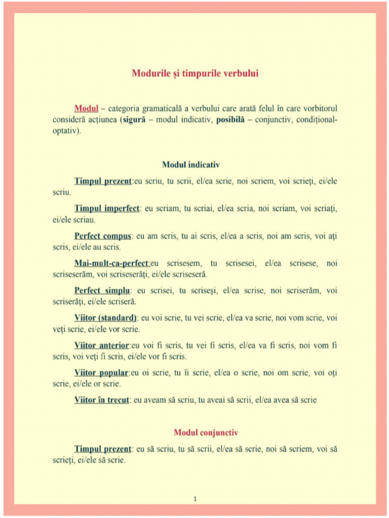 Modurile Și Timpurile Verbului (Fișier Teoretic) | PDF