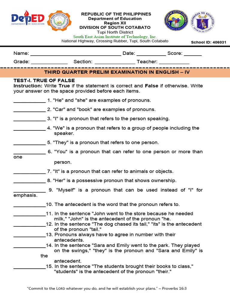 Eng 4 PRELIM 3-EXAM-2022-2023 | PDF | Plot (Narrative) | Pronoun