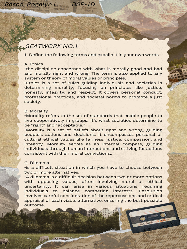 ETHICS Seatwork #1 | PDF | Morality | Integrity