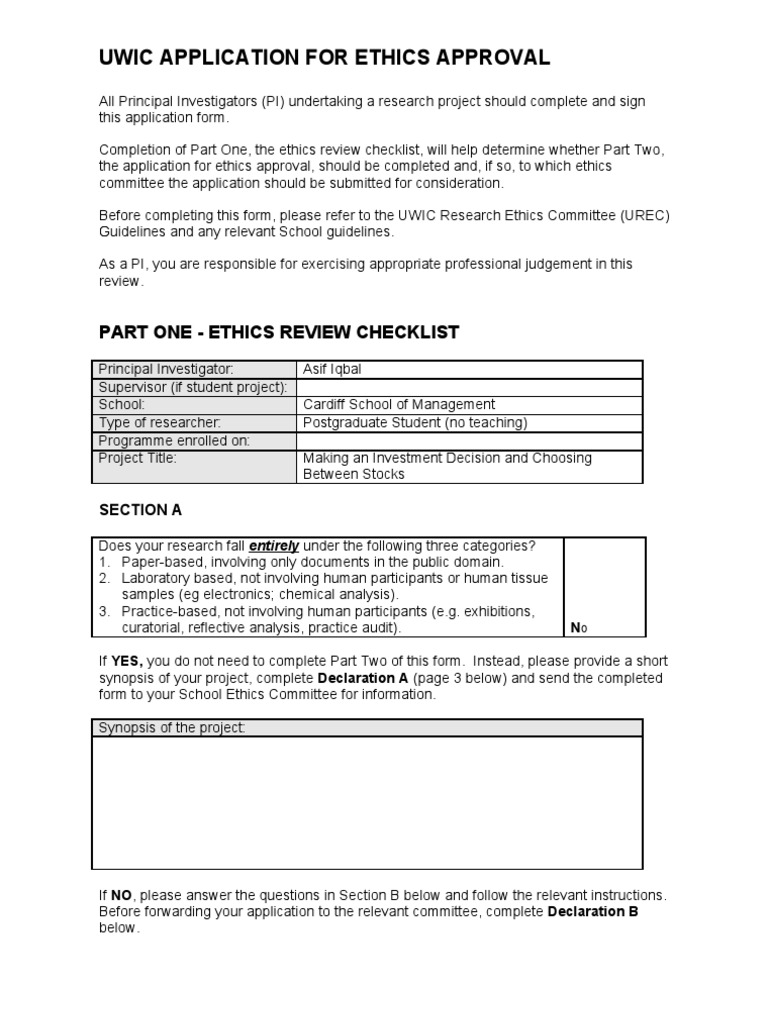 UWIC Ethics Approval Application Form | PDF | Institutional Review ...