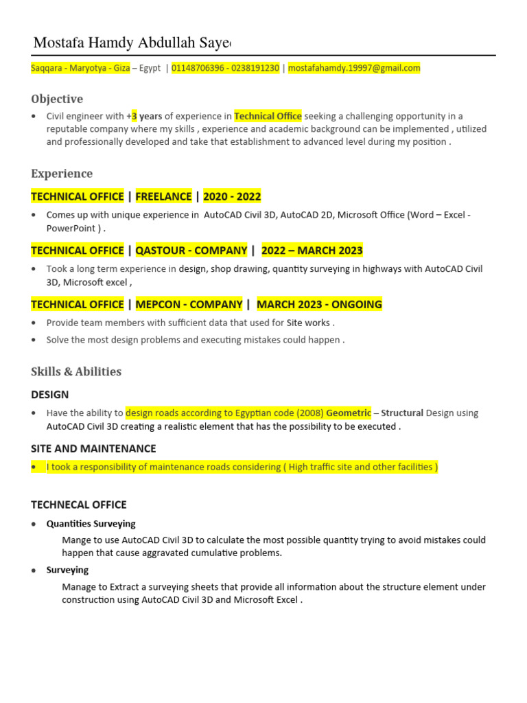 UC Mostafa Hamdy Abdullah CV | PDF | Microsoft Excel | Auto Cad