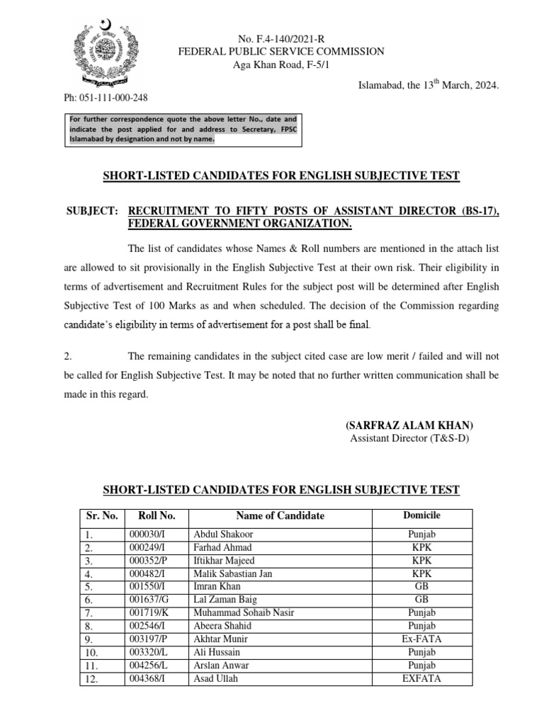 Shortlisted Candidates for AD Test | PDF