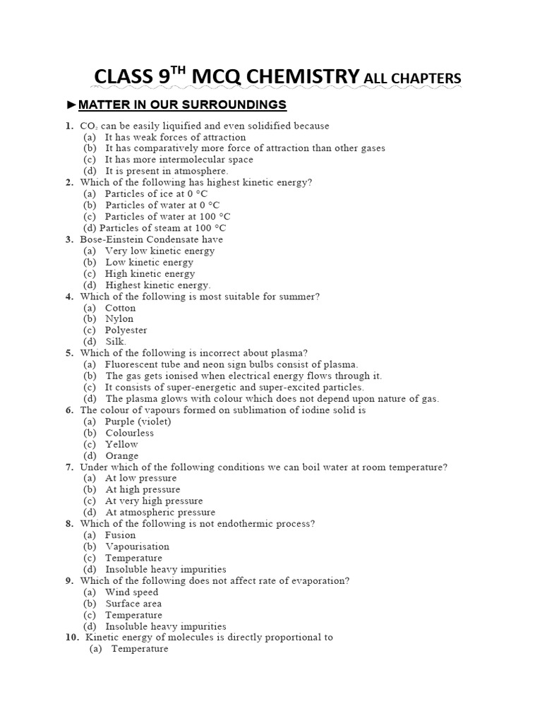 Class 9TH MCQ Chemistry All Chapters | PDF | Mixture | Atoms