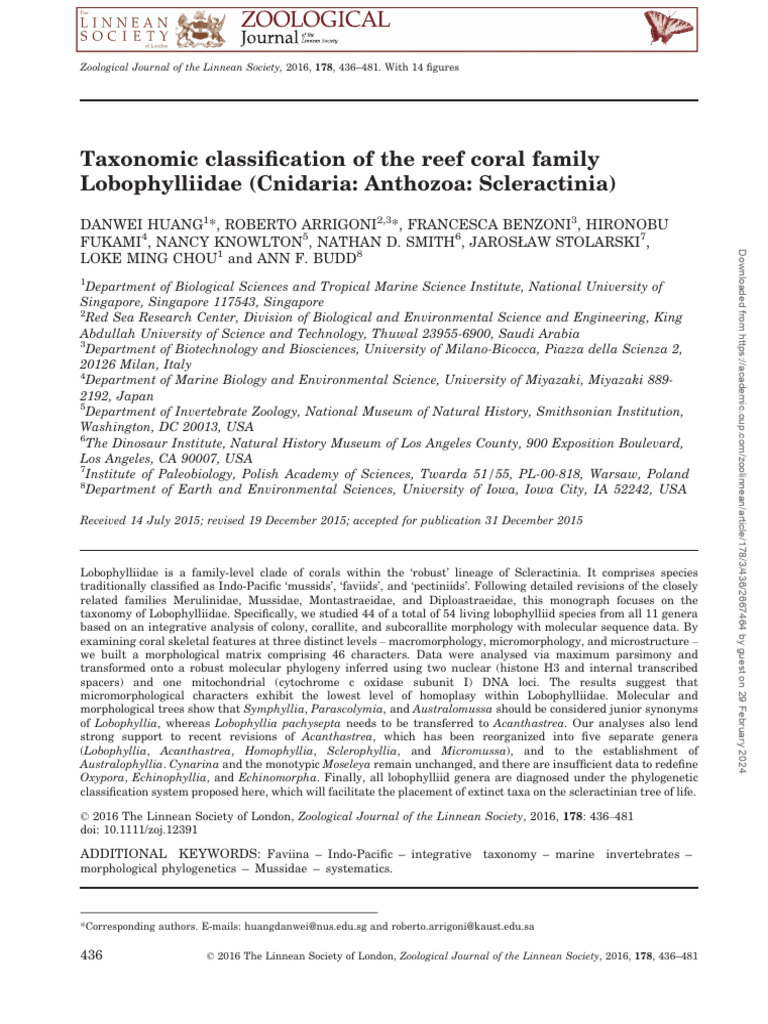 Huang 2016 - Taxonomuc Classification of The Coral Reef Family ...