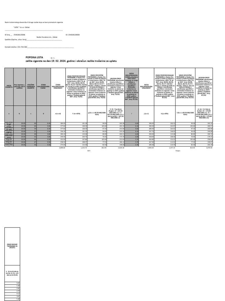 HR Popisna Lista Zaliha Cigareta 01.01.2024.g I Obracun Razlike Akcize ...
