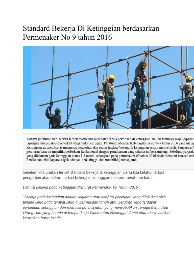 Standard Bekerja Di Ketinggian Berdasarkan Permenaker No 9 Tahun 2016 | PDF