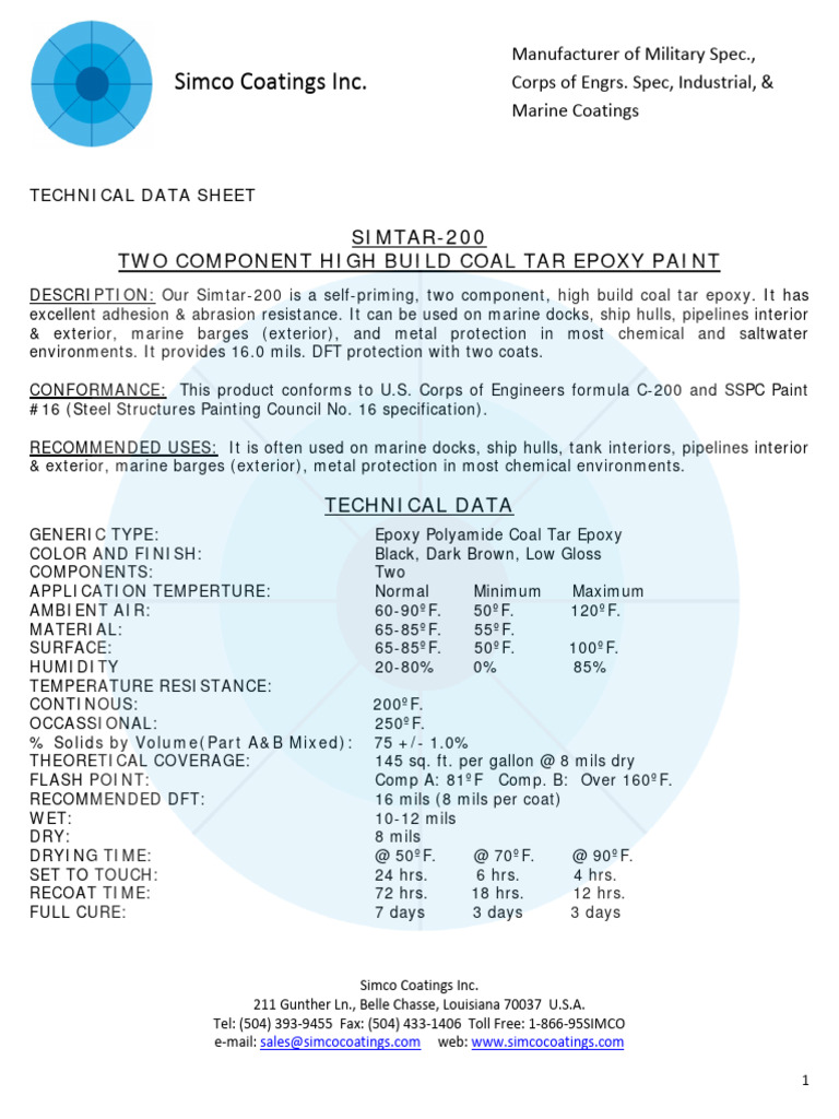 Simco Coatings Inc.: SIMTAR-200 Two Component High Build Coal Tar Epoxy ...