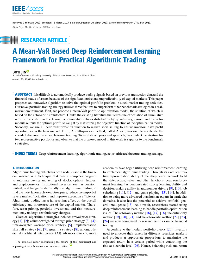 A Mean-VaR Based Deep Reinforcement Learning Framework For Practical ... A Mean-VaR Based Deep Reinforcement Learning Framework For Practical ...
