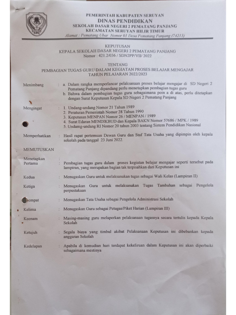 SK Pembagian Tugas Semester 2 | PDF