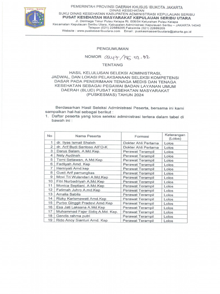 Hasil Kelulusan Seleksi Administrasi Pkm1000utara 1 | PDF