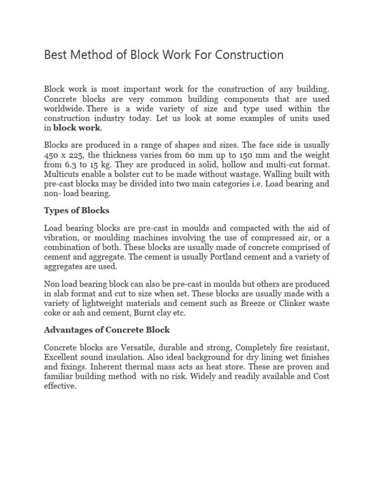 Block Work Mathod Statements 2024 | PDF | Concrete | Masonry