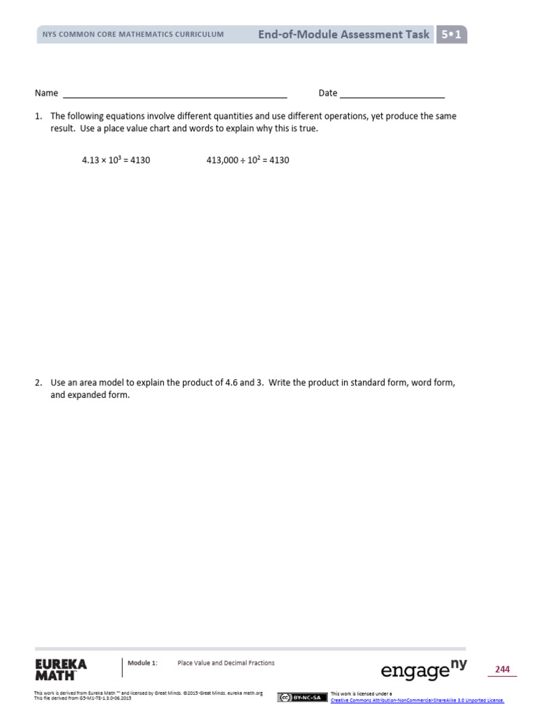 Math g5 m1 End of Module Assessment | PDF | Mathematics