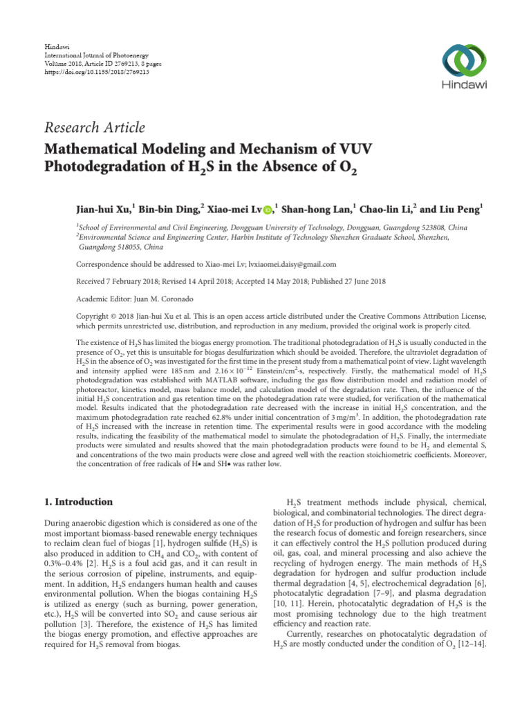 Mathematical Modeling and Mechanism of VUV H2S Decomposition in Absence ...
