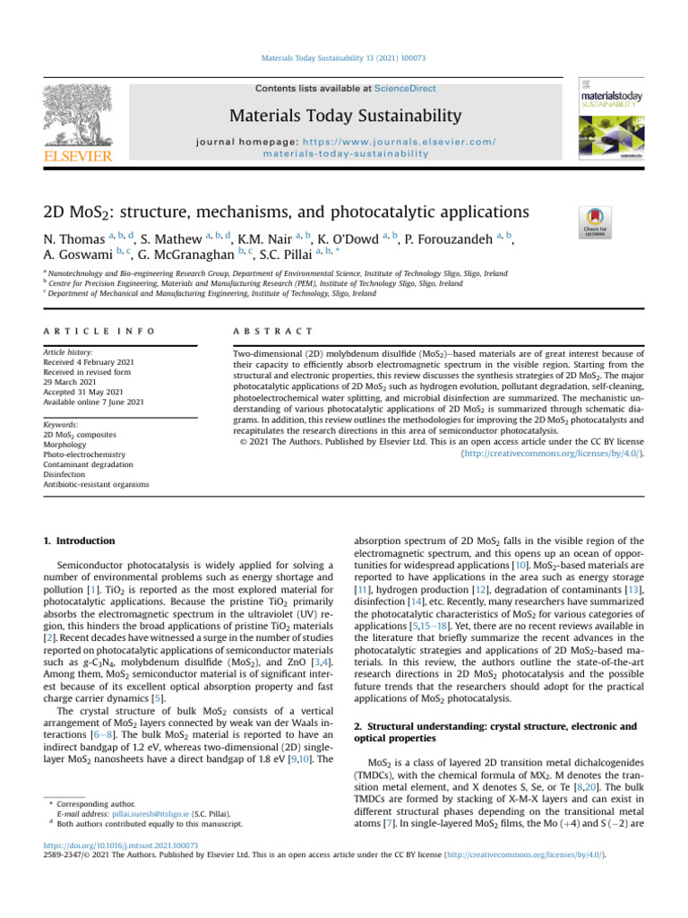2D MoS2- structure mechanisms, and photocatalytic | PDF | Graphene ...