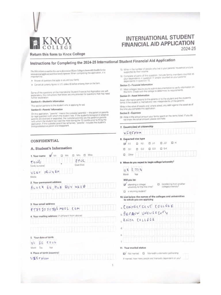 Knox College International Student Financial Aid Application | PDF