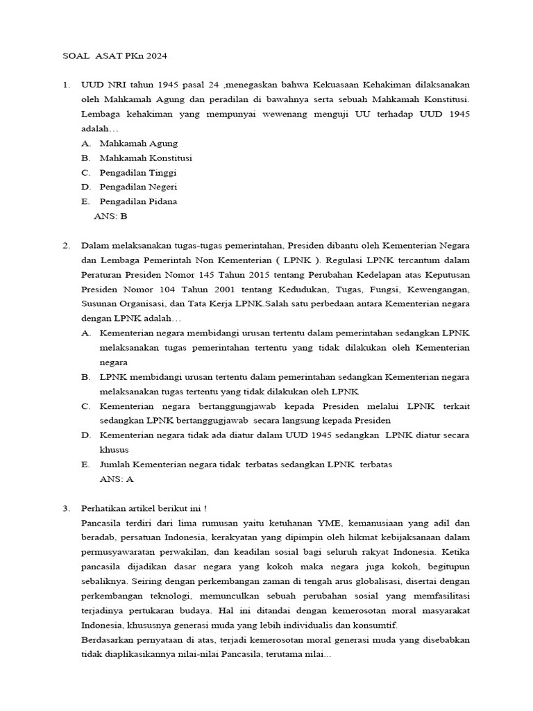 Soal Pat PKN 2024 | PDF