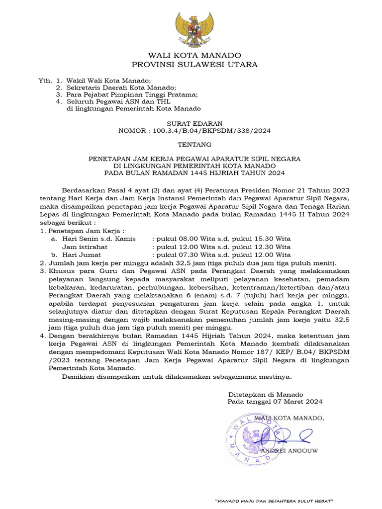 SURAT EDARAN JAM KERJA BULAN RAMADHAN 2024 | PDF