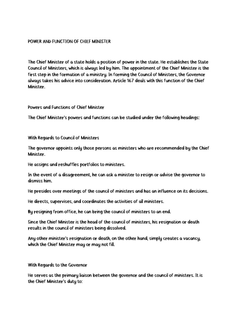 Powers and Functions of Chief Minister | PDF | Cabinet (Government ...