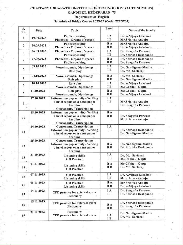 Bridge Course 2023 24 Schedule | PDF
